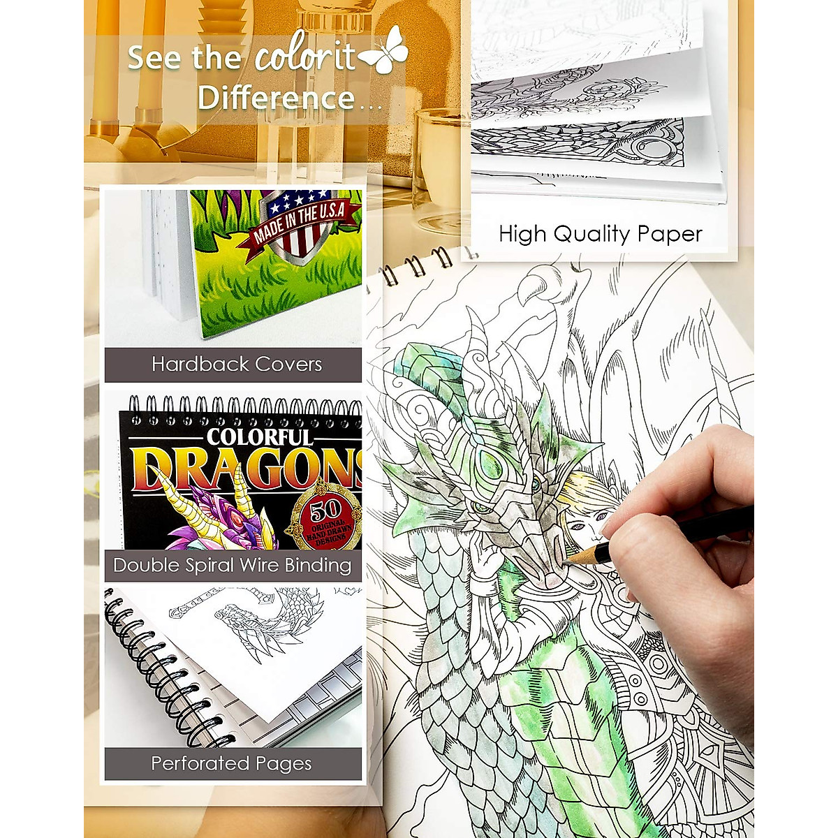 ColorIt Colorful Dragons Adult Coloring Book - 50 Single-Sided Designs, Thick Smooth Paper, Lay Flat Hardback Covers, Spiral Bound, USA Printed, Dragon Pages to Color (Volume I)