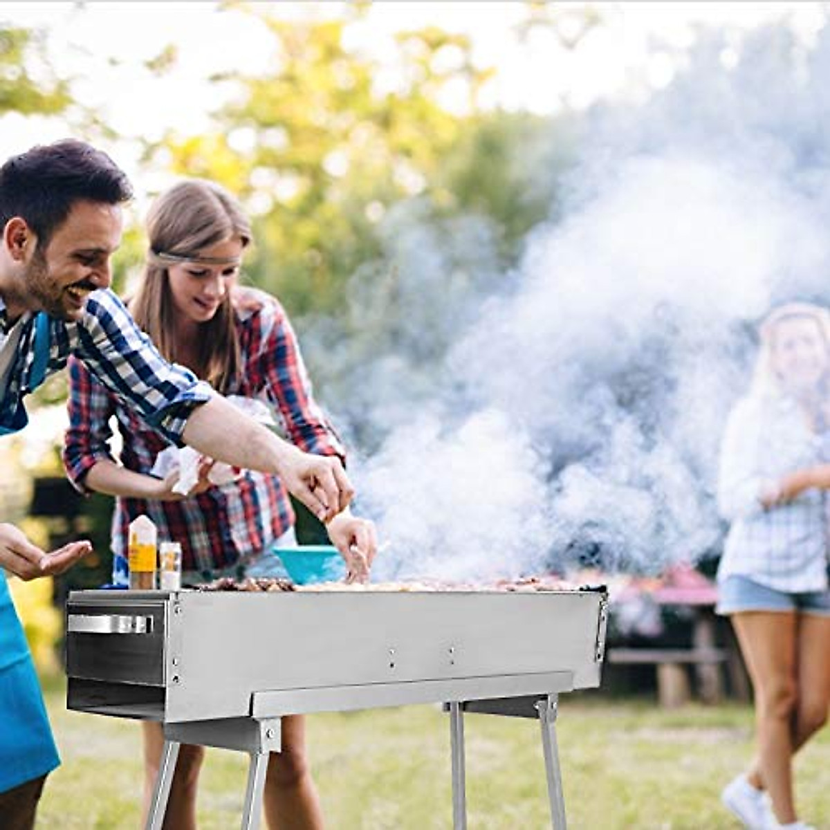 IRONWALLS Portable Charcoal Grills, 32" x 8" Stainless Steel Folded Camping Grill Kebab Skewer BBQ Barbecue Grill Kit for Garden Backyard Party Picnic Travel Home Outdoor Cooking Use