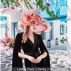 Z&X Women's Organza Church Fascinator Hair Clip Bridal Wedding Tea Party Hat Wide Brim Anti-UV Sun Hat Coral Red