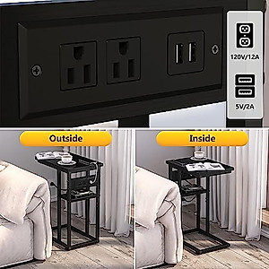 C Table End Table with Charging Station, 2 Tier C Shaped Side Table Bedside Tables with Power Outlets & USB Ports for Living Room Bedroom, C Shaped Sofa Couch Snack Tables for Small Space, Black