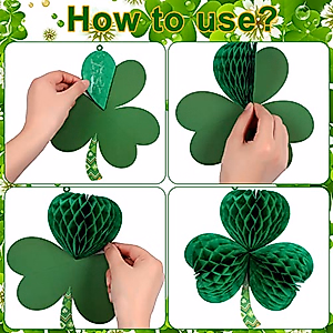 12 Pcs St. Patrick's Day Honeycomb Decoration St Patrick's Day Hanging Ornaments Shamrock Gold Clover Hat Beer Mug Irish Elf Shoes Honeycomb for St. Patrick's Day Party Decor (Clover)