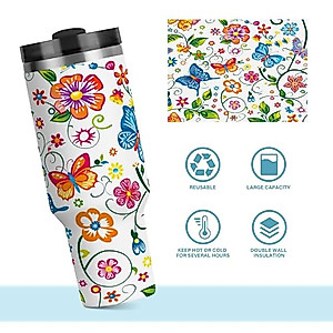 FRCSDIY Beautiful Butterfly Insulated Tumbler with Handle and Straw Lid,40oz Leakproof Stainless Steel Cup BPA-Free Water Bottle