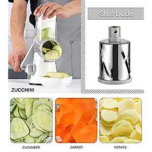 Ourokhome Rotary Cheese Grater Shredder - 3 Drum Blades Manual Speed Round Food Slicer Nut Grinder with Strong Suction Base for Cheese, Vegetable, Walnut, Chocolate, Potato, Carrot, White Gray