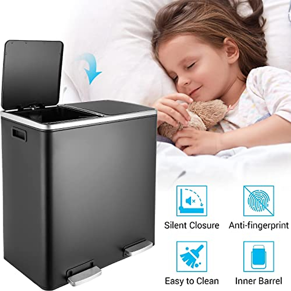 AthLike 60L(16 Gal) Dual Trash Can, Stainless Steel Kitchen Garbage Can, Double Compartment Classified Rubbish Bin, Recycle Dustbin w/Plastic Inner Buckets, Handle, Soft-Close Lid, Airtight