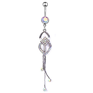 Shuning 5PCS 14G Stainless Steel Belly Button Rings for Women Turtle Elephant CZ Navel Rings Dangle Body Piercing Jewelry