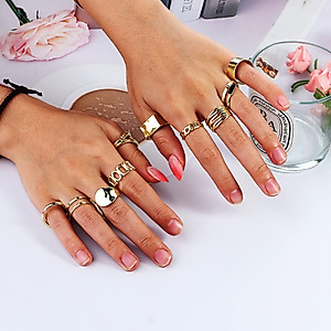 LOYALLOOK 18Pcs Vintage Knuckle Rings for Women Adjustable Chunky Rings Set Cute Finger Rings Pack Gold Tone