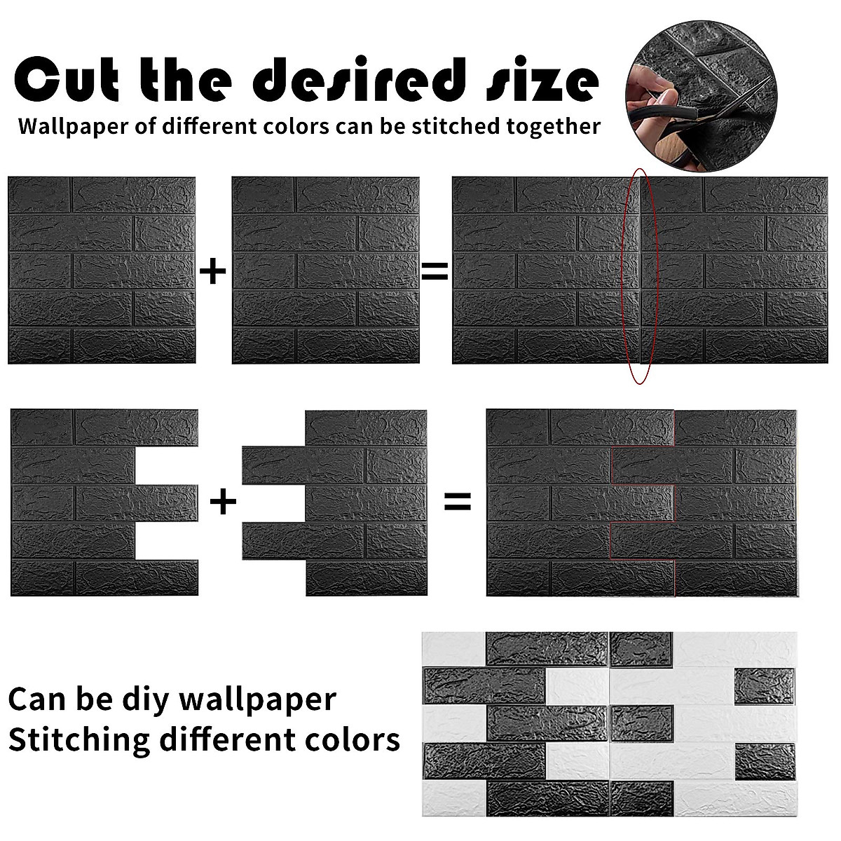 Sodeno 10 PCS Black 3D Wall Panels, 14.5 sq.feet Coverage, Printable Wallpaper Sticker with Self-Adhesive Waterproof Brick PE Foam Wall Panels Peel and Stick for Interior Wall Decor, Home Decoration