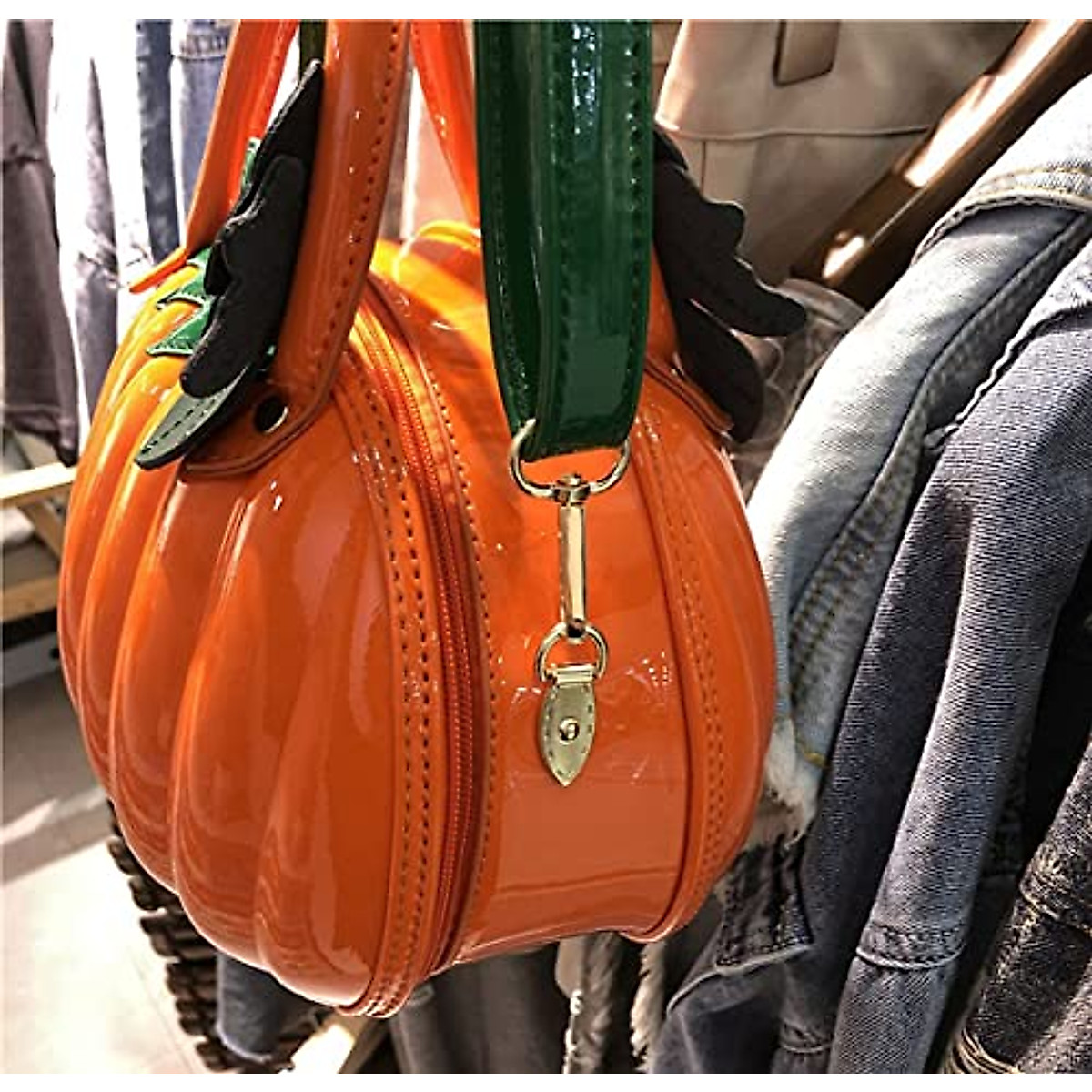QZUnique Pumpkin Shoulder Bag 3D Glossy PU Purses Halloween Novelty Crossbody Bag holiday Party Gift Candy Bag