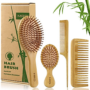 MRD Hair Brush Set, Natural Bamboo Comb Paddle Detangling Hairbrush, Wide-tooth and tail comb No Bristle, suit for Women Men and Kids Thick/Thin/Curly/Dry Hair Gift kit