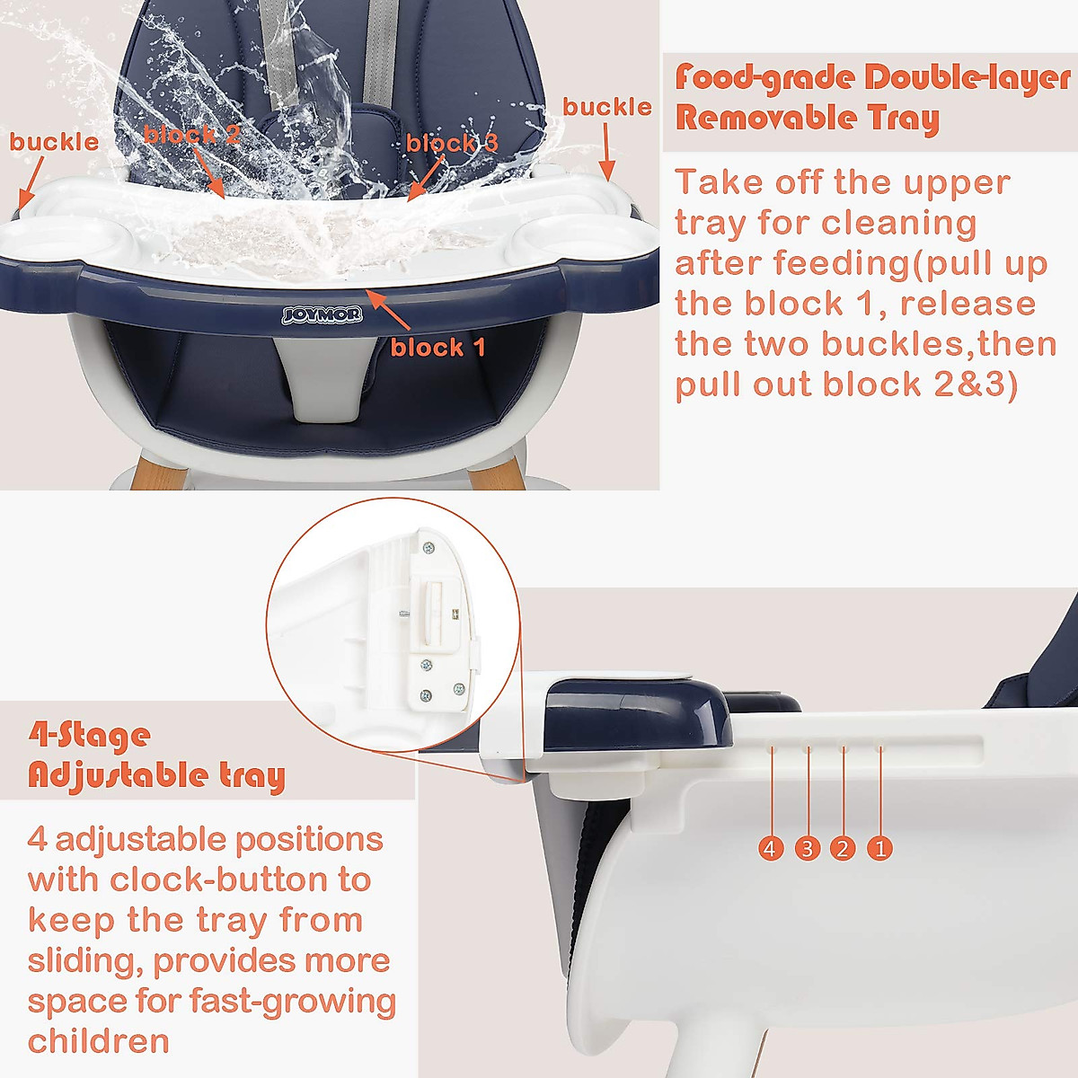 JOYMOR 5-in-1 Convertible Baby High Chair for Babies and Toddlers, Table and Chair Set, Wooden Infant Eating Highchair with Leather Seat Cushion, 4-Position Removeable & Adjustable Tray (Blue)