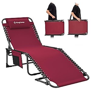 KingCamp Folding Outdoor Chaise Lounge Chair, 5-Position Adjustable for Beach, Sunbathing, Patio, Pool, Lawn, Lay Flat Portable Heavy-Duty Camping Reclining Chair with Shoulder Strap Side Pocket, Wine