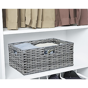 Large Storage Basket, Rectangular Wicker Basket for Organizing, Waterproof Plastic Woven Basket for Storage, Shelf Basket with Built-in Handles, Pantry Baskets-1 Pack