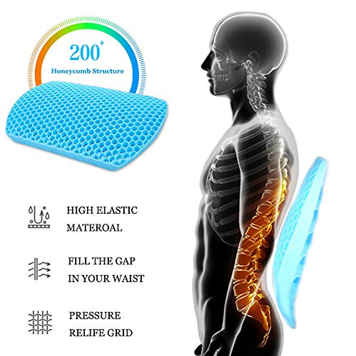 Gel Lumbar Support Pillow for Office Chair Back Support Pillow for Car, Wheelchair, Gaming Chair, Recliner - Gel Back Cushion for Back Pain Relief Improve Posture - Mesh Cover Double Adjustable Straps