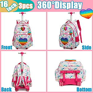 Meetbelify Rolling Backpack for Girls Wheels Backpacks for Elementary Student Kids Wheeled Trolley Trip Luggage for Teen Girls with Lunch Box Pencil Case