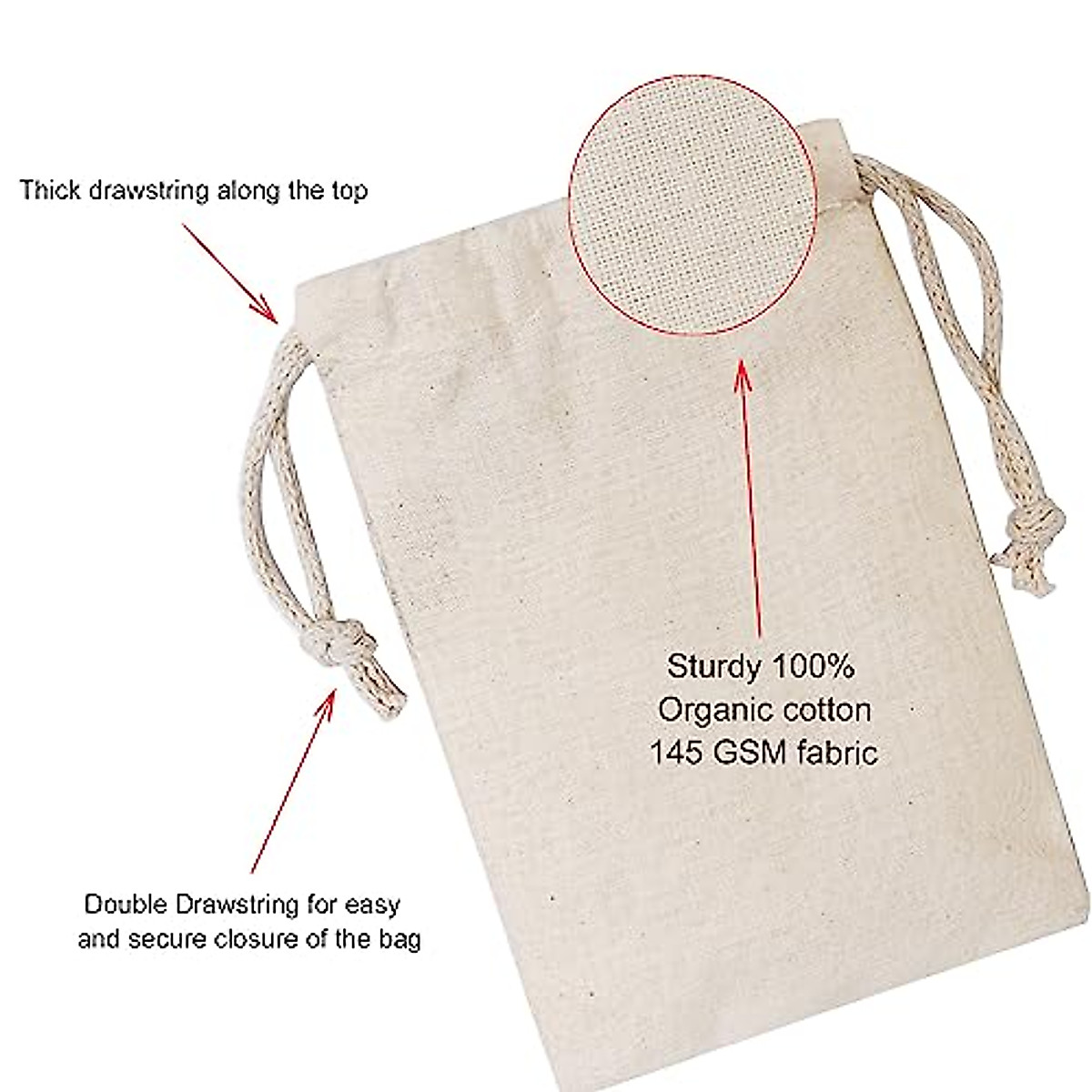 BigLotBags Cotton Muslin Bags, 100% Organic Cotton with Double Drawstring. Premium Quality Reusable Eco-Friendly Natural Muslin Bags. (100, 4 x 6 Inches)