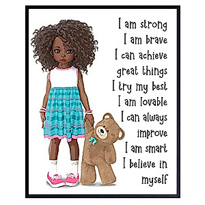 African American Girl Positive Affirmations - Black Wall Art - African American Wall Art - Little Girls Bedroom - Inspirational Sayings for Wall Decor - Positive Quotes Wall Decor - Toddler Girls Room