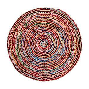 RIANGI - 4' Round Handwoven Jute Chindi Area Rug - Colorful Boho Rugs for Living Room - Hand Braided Multicolor Bohemian Rug for Farmhouse, Bedroom, Dining Room, Classroom, Hallway, Kitchen, Office