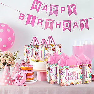Two Sweet Birthday Gift Bags for Baby Girl Gift Bags with Card and Tissue Paper Two Sweet Donut Ice Cream Gifts Bags with Handles-Big Wrapping Paper Bags 2nd Birthday Baby Shower Party Supplies