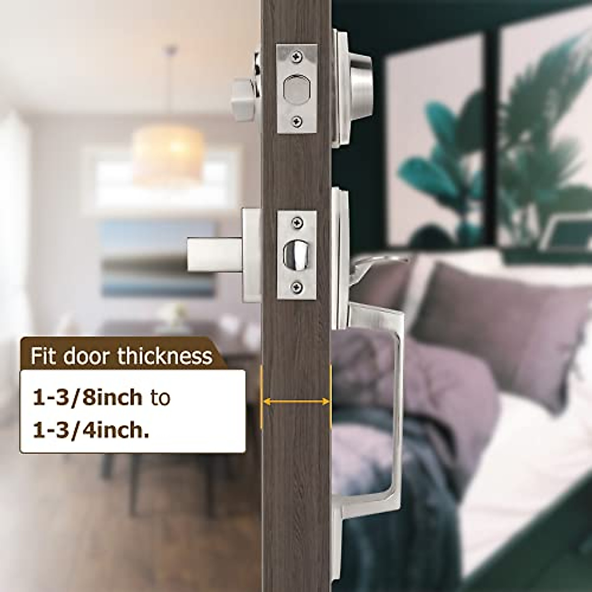 Azdele Satin Nickel Front Door Handle with Deadbolt and Lever Set, Modern Front Door Lock Set, Door Handle with Single Cylinder Deadbolt for Exterior Door, Reversible for Right&Left Handed