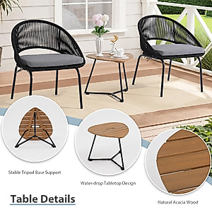 wOod-it 3 Pieces Woven Rope Bistro Set, Patio Outdoor Furniture Conversation Sets with Chairs, Coffee Table and Cushions for Porch, Poolside, Balcony, Garden, Backyard (Black)