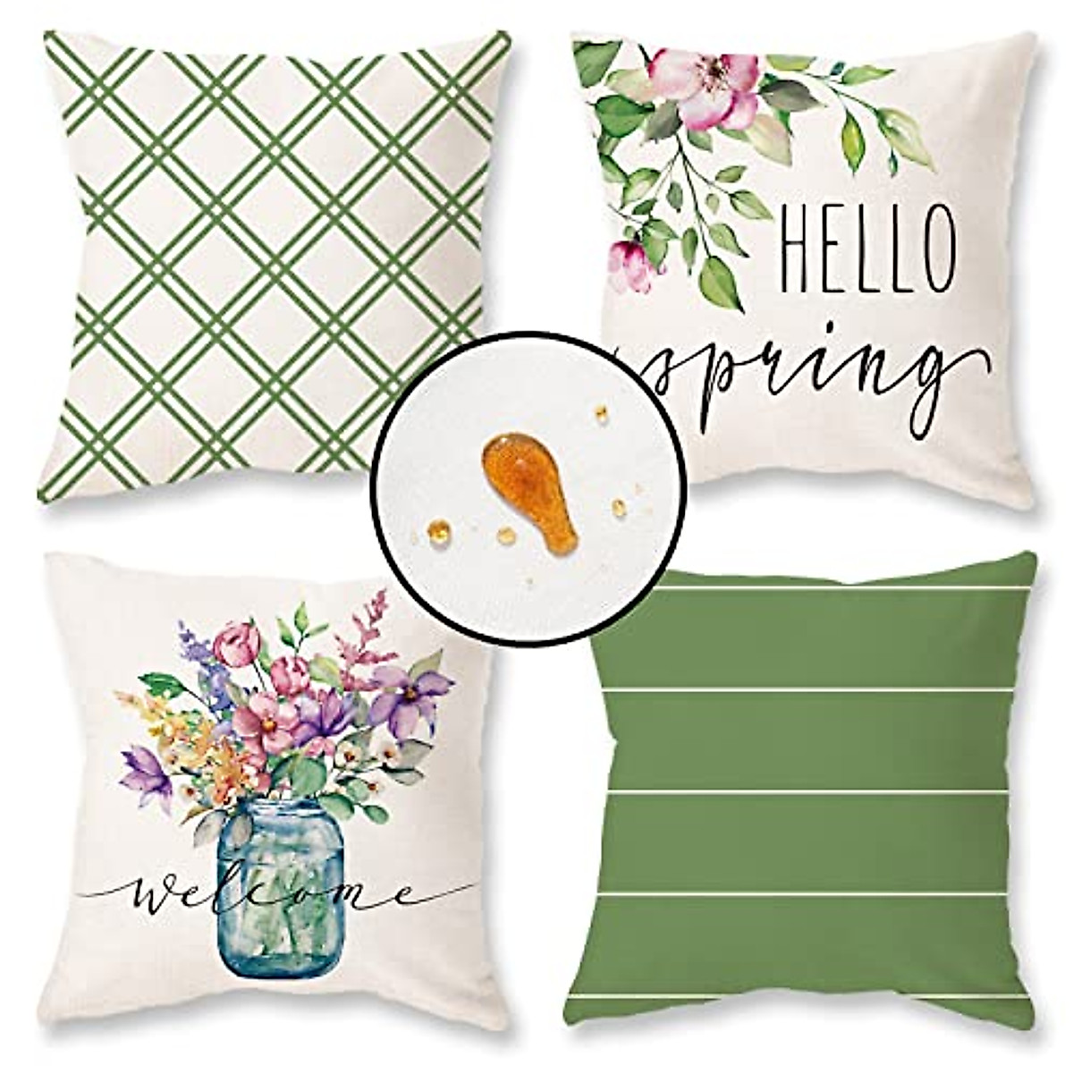 ONWAY Spring Pillow Covers 18x18 Set of 4 Spring Floral Waterproof Farmhouse Decorations Outdoor Green Patio Throw Cushion Case for Sofa Couch Home Decor