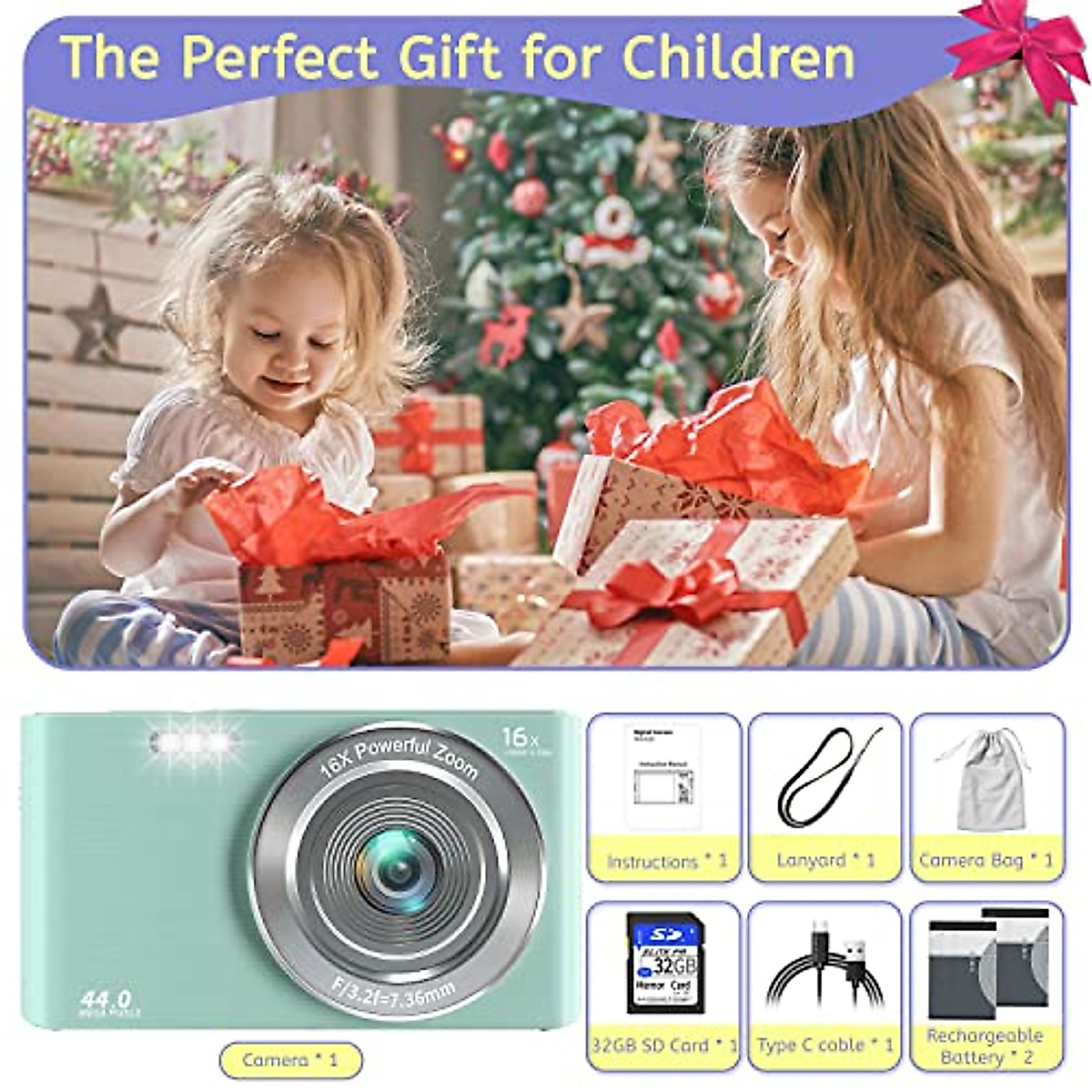 Digital Camera,Kids Camera with 32GB Card 2.7K 44MP Point and Shoot Camera with 16X Digital Zoom 2.4 Inch,Vlogging Camera for Students Teens Adults Girls Boys-Green3