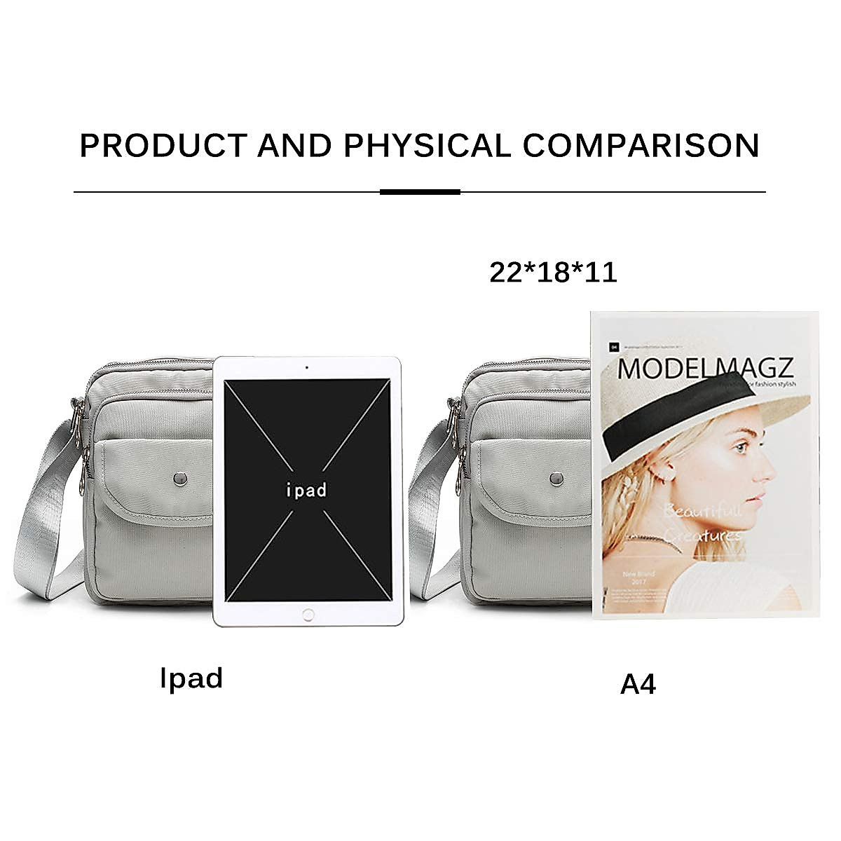 JOSEKO Crossbody Bag for Women, Mini Nylon Crossbody Travel Messenger Organizer Purse handbag Lightweight Pocket Bag Grey medium