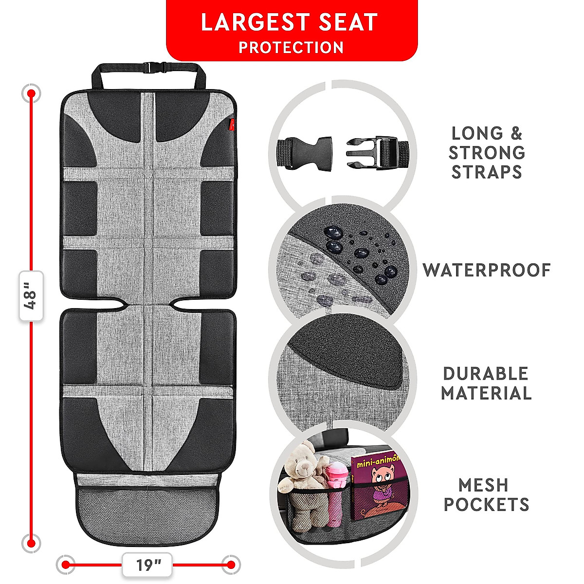 Helteko Car Seat Protector, Large Seat Cover for Child Carseat, Extra Waterproof & Stain Resistant, Thickest Padding Baby Mats Under Car Seats for Leather Seats, 2 Mesh Storage Pockets, 1Pack (Gray)