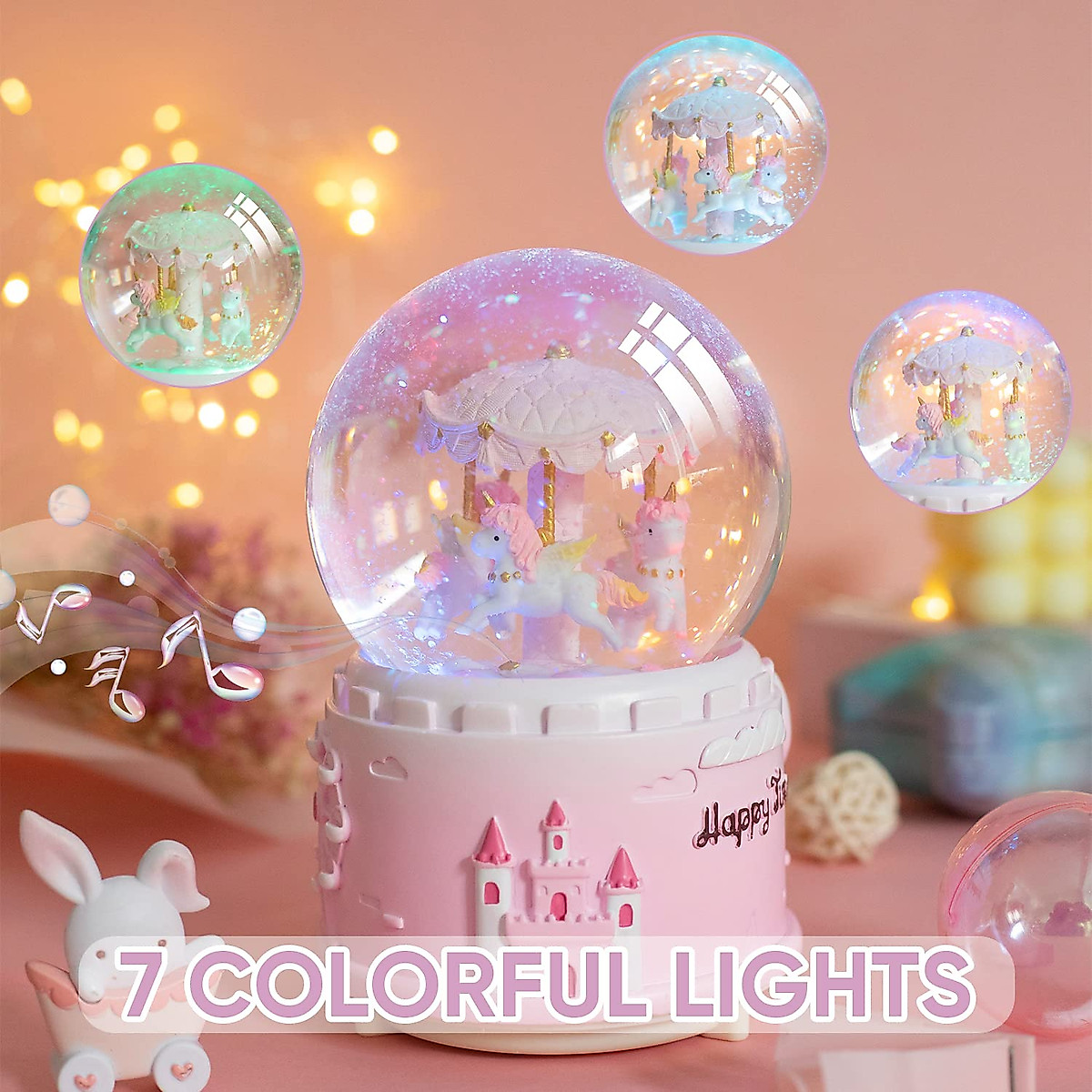 Unicorn Musical Snow Globe for Kids Girls Carousel Music Box with 7 Led Lights Swirling Glitter for Birthday Valentines