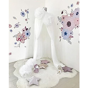 ADESIGNSTORE White Princess canopy with two tulle 9" pom poms set - Baby Crib Bed Mosquito net Reading Nook - Princess House Castle Bed Hanging Sheer Canopy 10 Layers