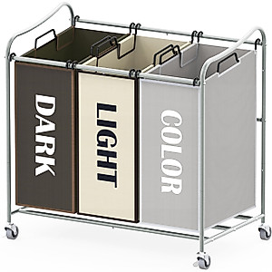 SimpleHouseware Heavy Duty 3-Bag Laundry Sorter Rolling Cart, Silver / Assorted Bags