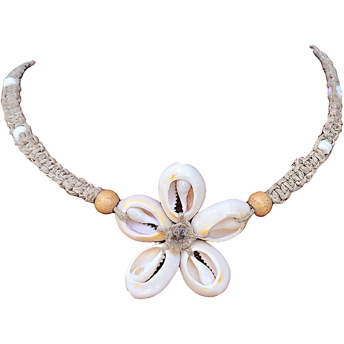 BlueRica Cowrie Shells Flower Pendant on Braided Hemp Cord Choker Necklace with Puka Shell Beads