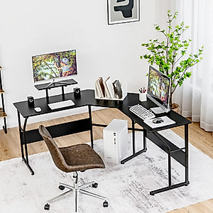 Tangkula L-Shaped Reversible Computer Desk, 2 Person Long Computer Workstation w/Movable Monitor Stand, Large Home Office Corner Desk for Working Writing Gaming (Natural)