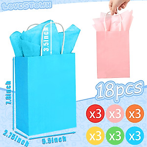 LovesTown 18PCS Gift Bags with Tissue Paper, Party Favor Bags with Handles Small Gift Bags Set 6 Colors for Gift Wrap Birthday and Wedding