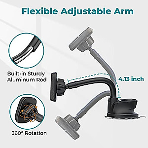 APPS2Car Magnetic Phone Holder for Car, Dashboard Windshield Phone Holder Mount with Flexible Arm & Built-in Strong Magnets, Suction Cup Phone Holder for Car Compatible with All Smartphones