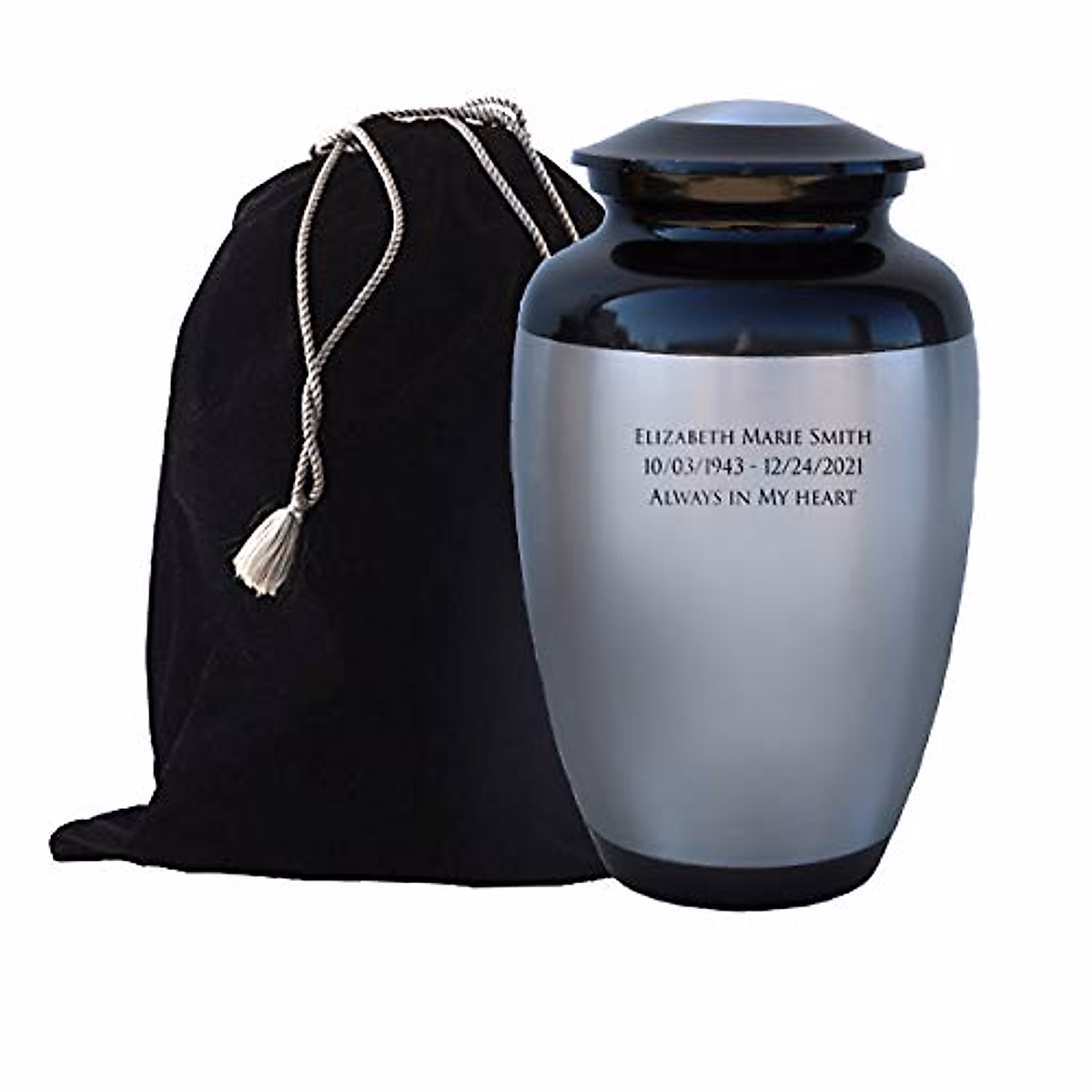 MEMORIALS 4U Classic Custom Engraved Cremation Urn - Handcrafted Urn for Human Ashes - Affordable Urn for Ashes with Velvet Bag (Silver)