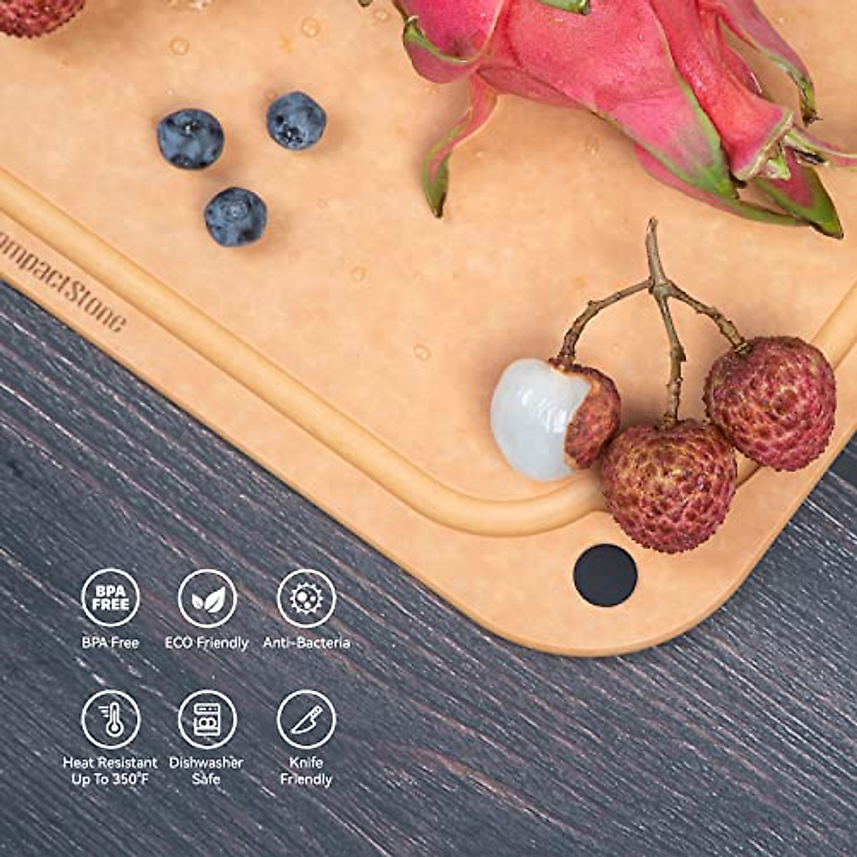 CompactStone cutting board|non-slip kitchen wood cutting board|natural pine fiber|medium size|kitchen cutting board|dishwasher safe|juice sink