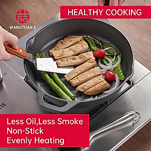 WANGYUANJI Cast Iron Grill Pan,10Inch Non-coating Frying Pan,Multi-Functional Pan for Bake,Fry,Stir-Fry,Sauté,Suitable for Outdoors with Oil Brush and Spatula