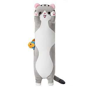 PEACHCAT Long Cat Plush Pillow Cute Kitty Body Pillow with Kawaii Fish Plushie Toy Stuffed Animal for Girls and Boys Gray 35.4"