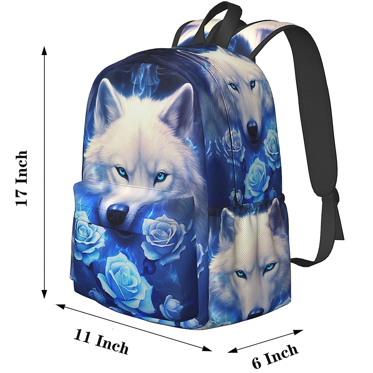 FeHuew 16 inch backpack Fantasy Blue Roses Wolf Laptop Backpack Full Print School Bookbag Shoulder Bag for Travel Daypack