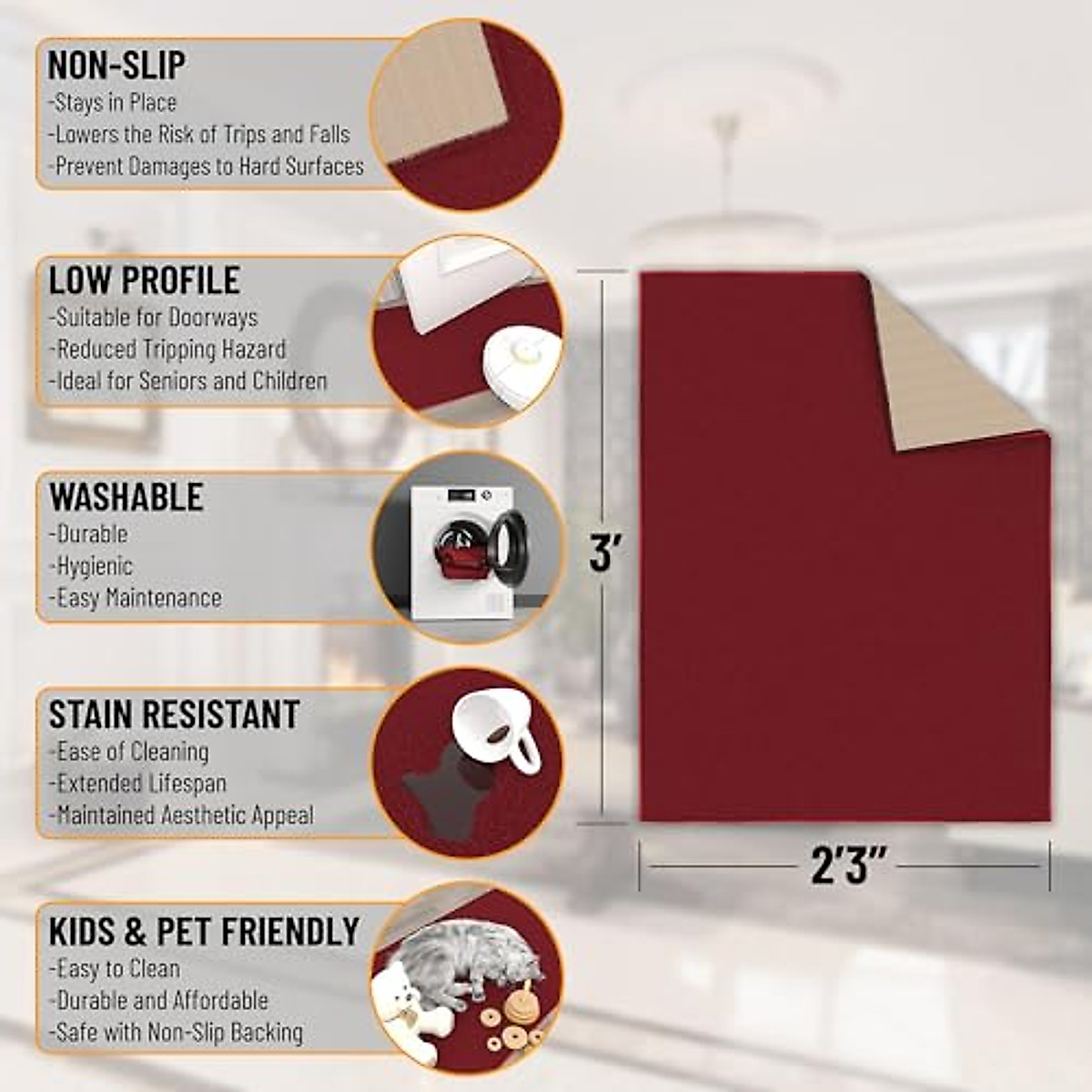 Sweet Home Stores Sweethome Collection Solid Design Rubberback Area Rug/Mat, 2'3" x 3', Red