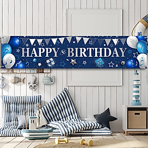 Yard Banner for Happy Birthday Gifts Large Navy Blue Birthday Banners for Outside Birthday Banner Birthday Decorations Backdrop for Men Women Birthday Party Supplies Outdoor and Indoor (Blue, Silver)