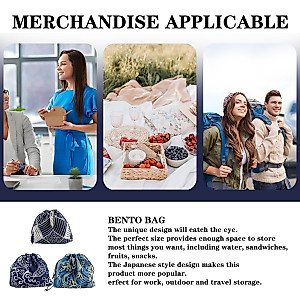 3PCS Lunch Tote Bag Japanese Style Drawstring Bento Pouch Portable Bento Storage Bag for Work Picnic or Travel, Blue