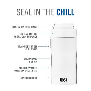 HOST Stay-Chill Beer Cozy Insulated Can Cooler Tumbler - Double Walled Stainless Steel Beer Can Insulator Holder for Slim Sized Cans - White