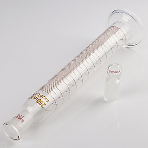 stonylab Measuring Cylinder with Stopper, 250 ml Heavy Wall Borosilicate Glass Measuring Graduated Cylinder with 24/40 Standard Ground Joint and Flat Head Stopper, 1 Pack
