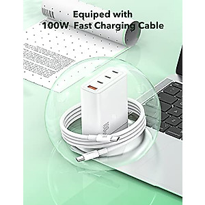 100W USB C Charger, THREEKEY 4-Port GaN Foldable Fast Charger Block with 100W 3.3FT C to C Cable, Compatible with MacBook Pro/Air,iPhone 14/13/12,iPad Pro/Mini/Air,Galaxy S22/21,Laptop and More.