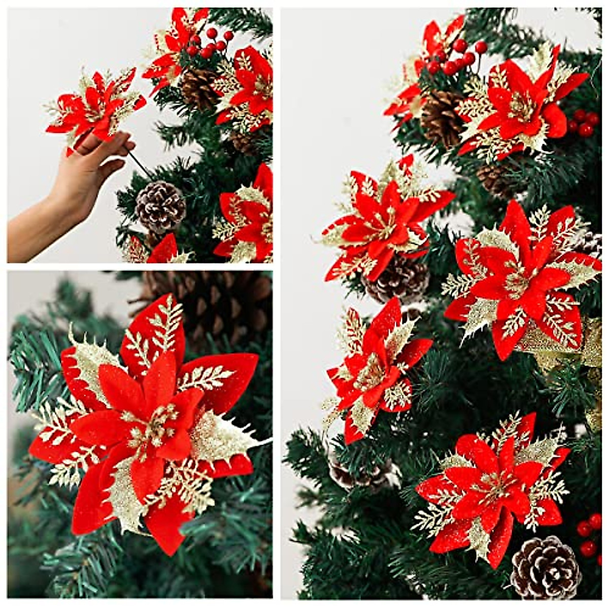 Veryhome 24pcs Poinsettia Christmas Decorations, 5.5 Inch Artificial Poinsettia Flowers Heads, Red Glitter Ornaments for Christmas Tree Decorations (Red)