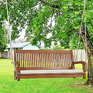 Happygrill Hanging Porch Swing 2-Seat Wooden Swing Bench with Cushion and Hanging Ropes, Outdoor Patio Swing for Garden and Backyard