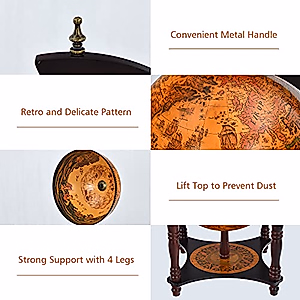 Goplus Tabletop 13” Globe Wine Bar Stand, 16th Century Italian Nautical Chart Liquor Cabinet with Bottom Shelf, Replica Globe Bar Cabinet Wine Rack for Dining Room & Living Room, Retro Brown