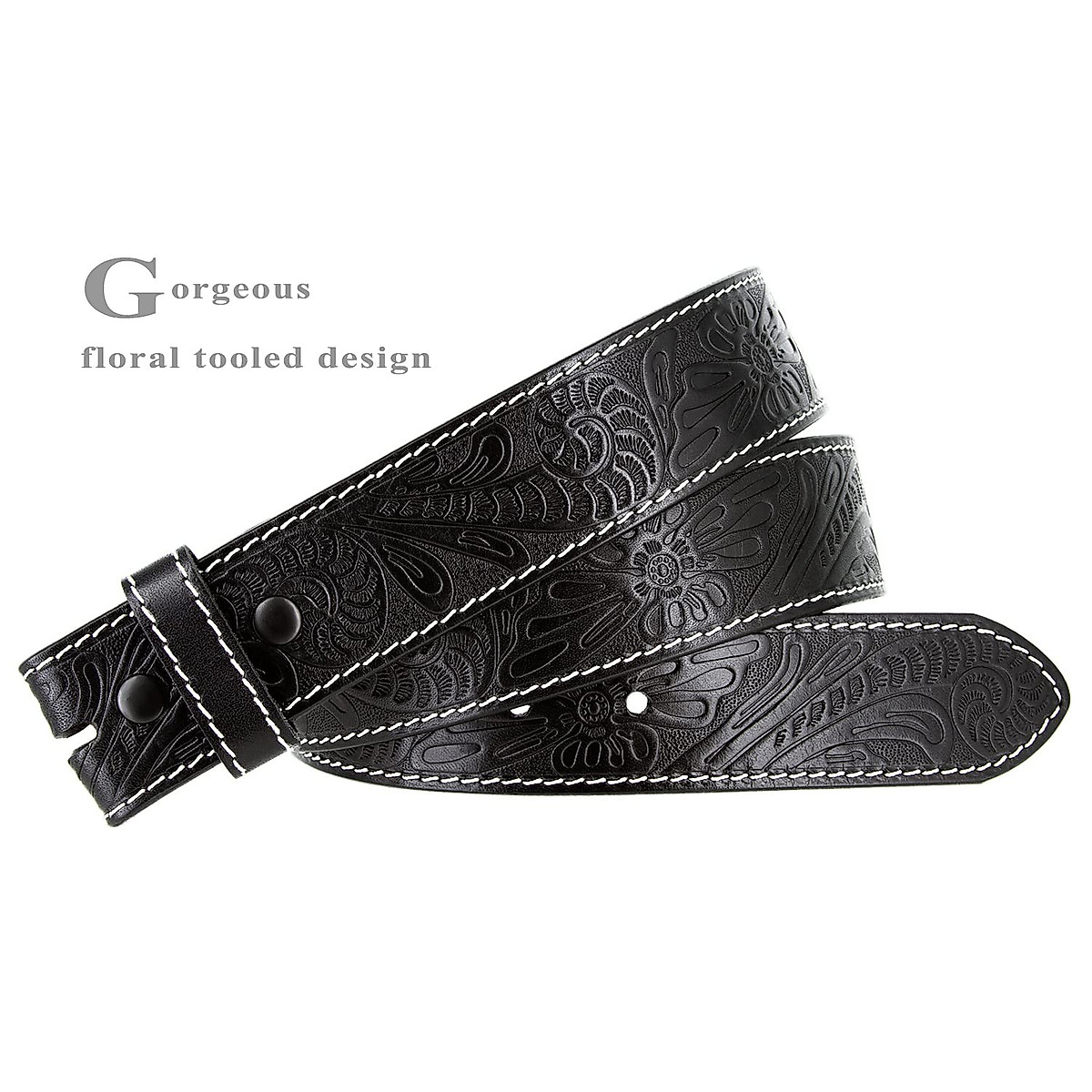 Engraved Tooled Leather Genuine Full Grain Western Floral Belt Strap 1-1/2" Wide (Black, 38)